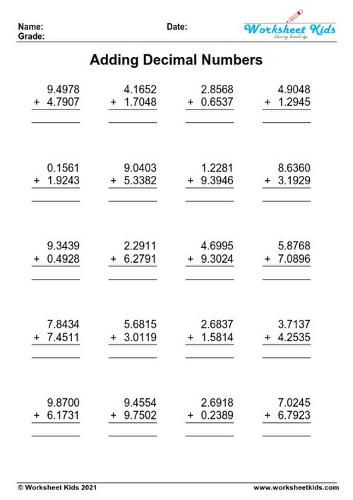 Decimal Addition Worksheets for Grades 4-6 : Free printable PDF Decimal Addition Worksheets for Grades 4-6 : Free printable PDF